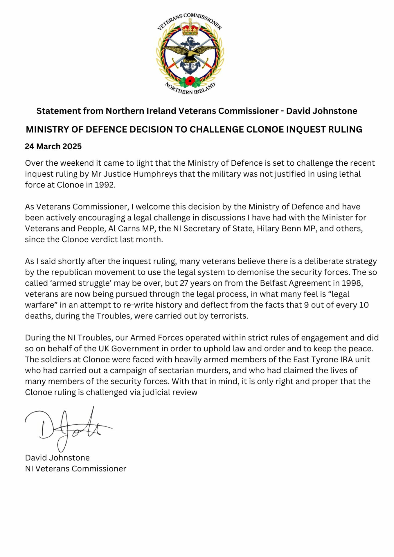 MINISTRY OF DEFENCE DECISION TO CHALLENGE CLONOE INQUEST RULING - NI ...