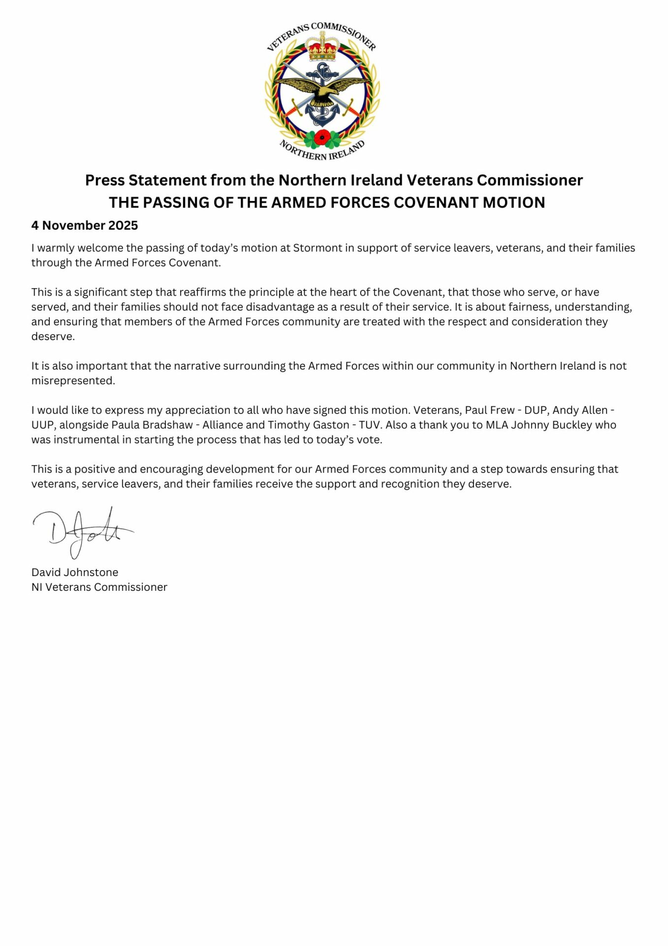 Statement From the Northern Ireland Veterans Commissioner, Mr David ...